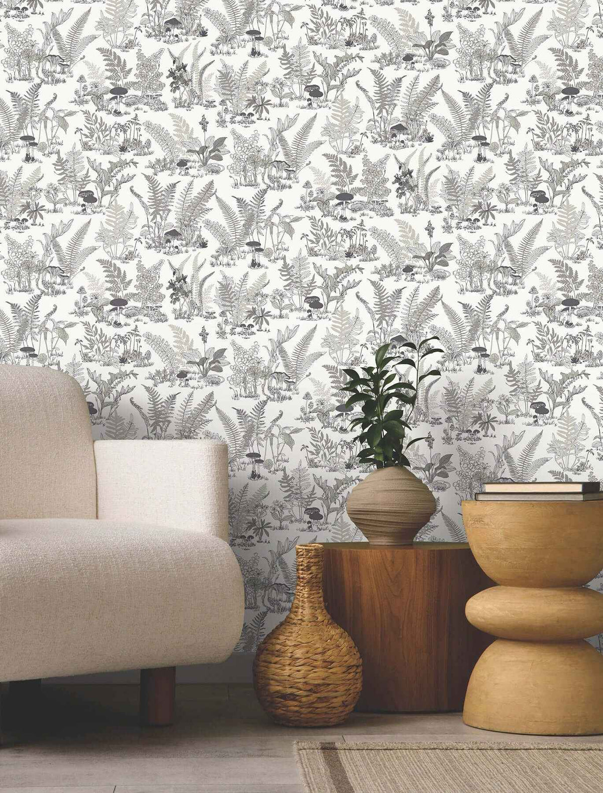 Mushroom Garden Toile Black & Grey Wallpaper | York Wallcoverings ...