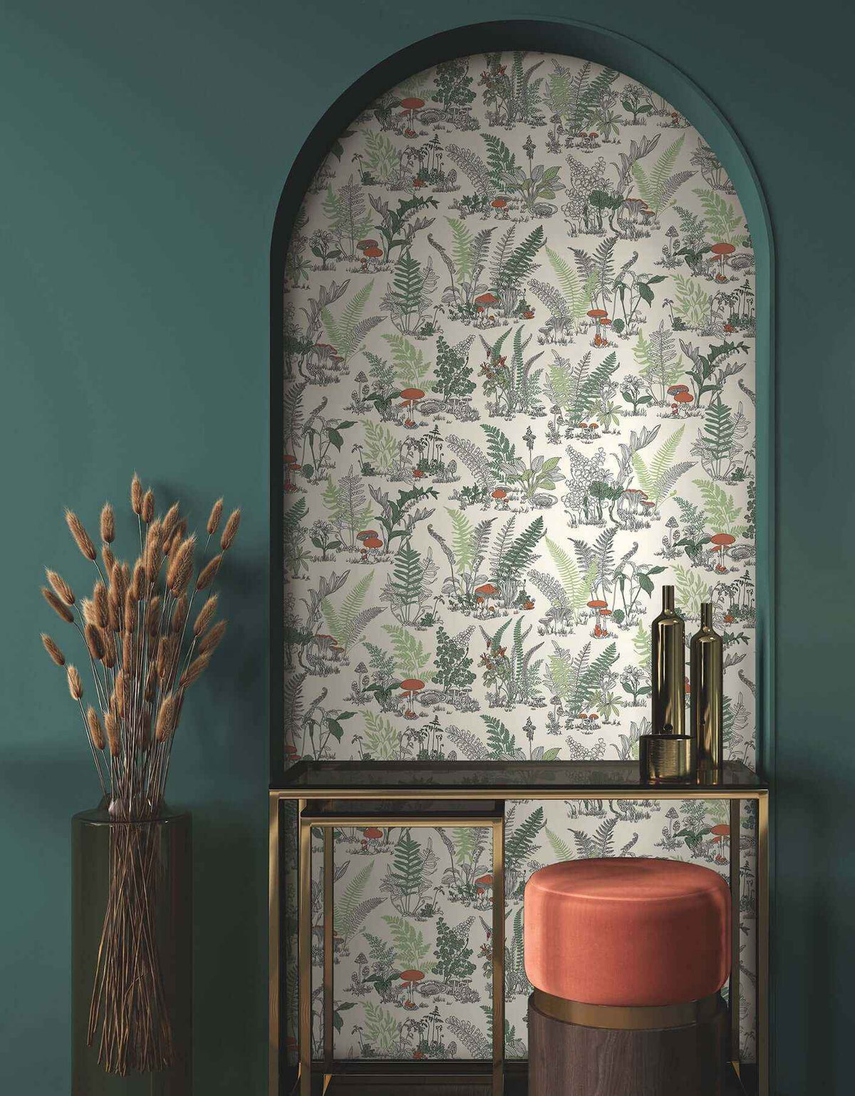 Mushroom Garden Toile Red & Green Wallpaper | York Wallcoverings RT7891 ...
