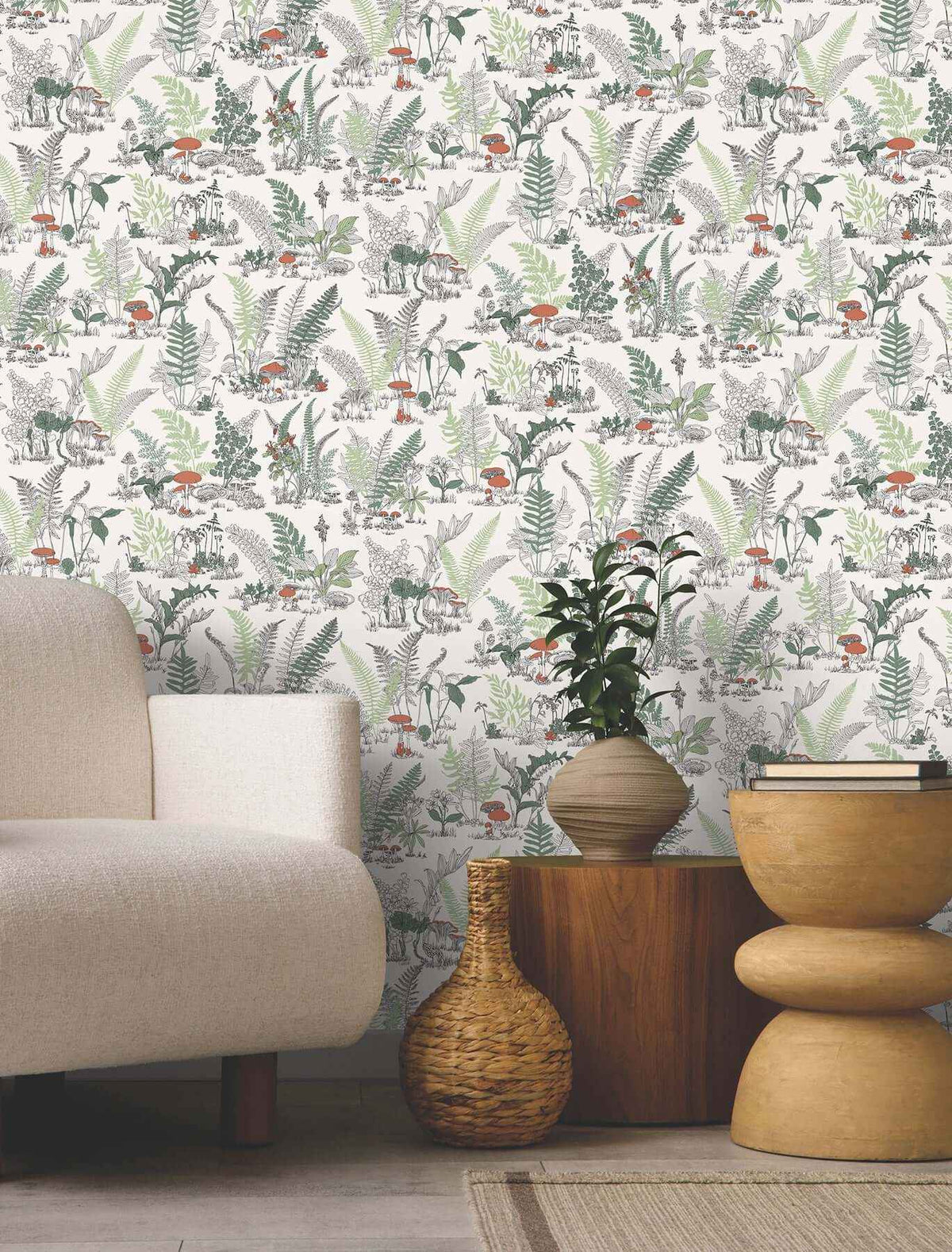 Mushroom Garden Toile Red & Green Wallpaper | York Wallcoverings RT7891 ...